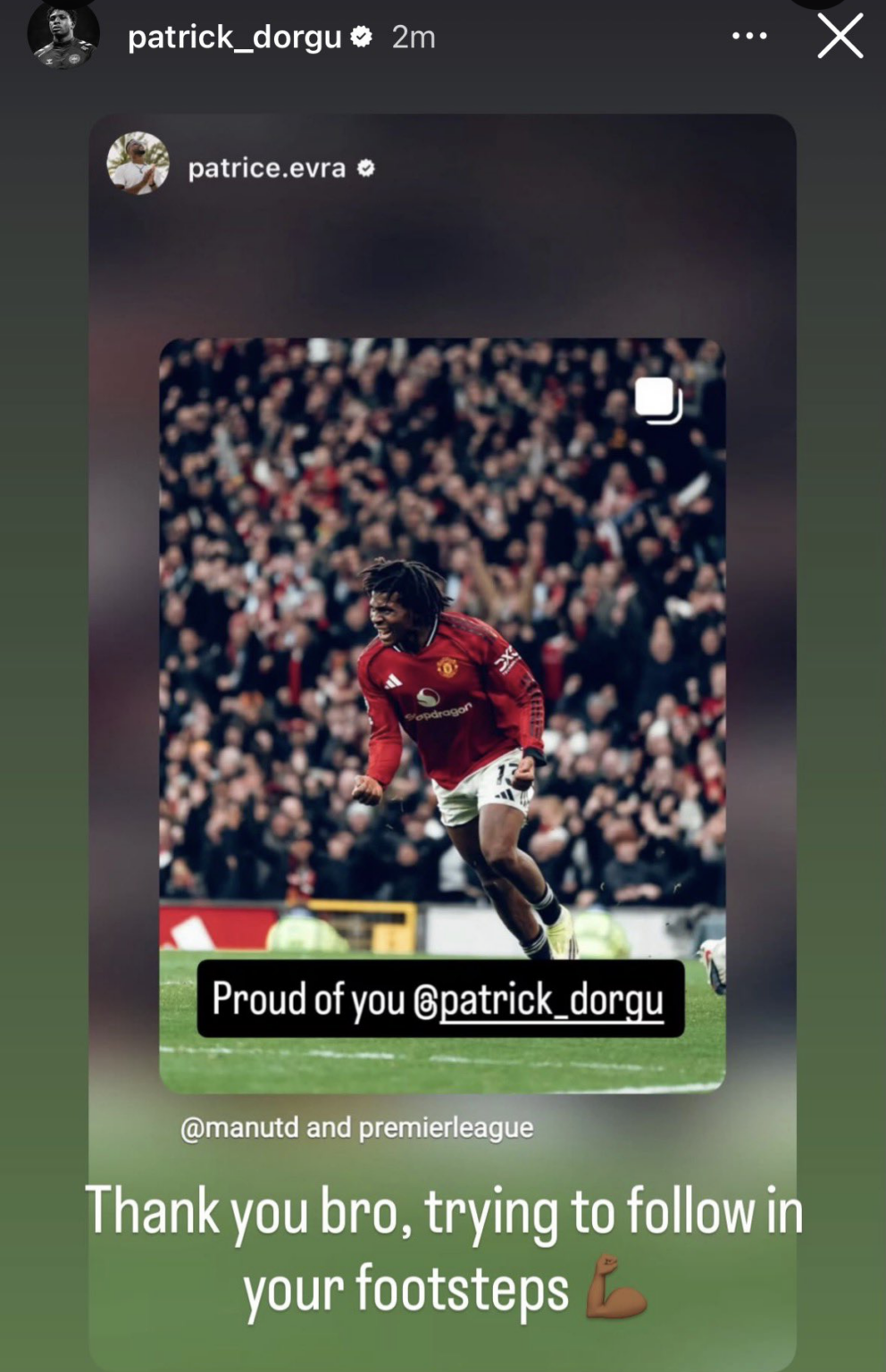 Patrick Dorgu tells Patrice Evra his wonder goal vs Arsenal was ...